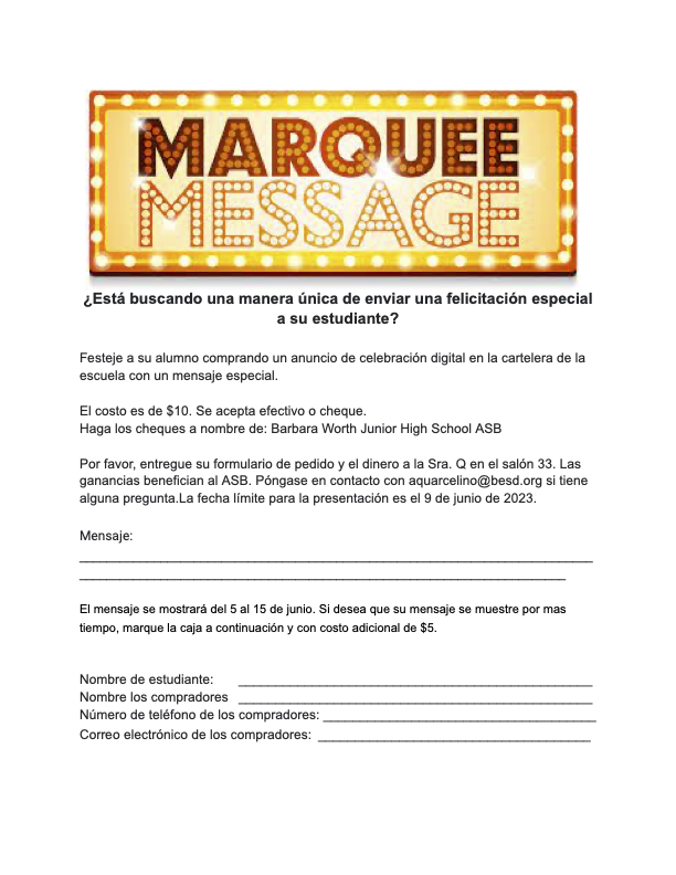 Marquee Message | Barbara Worth Junior High School