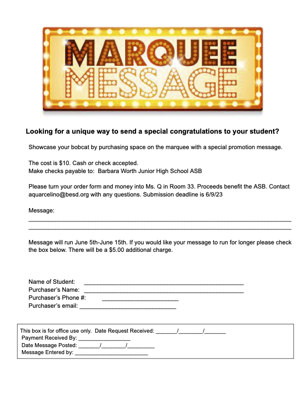 Marquee Message | Barbara Worth Junior High School